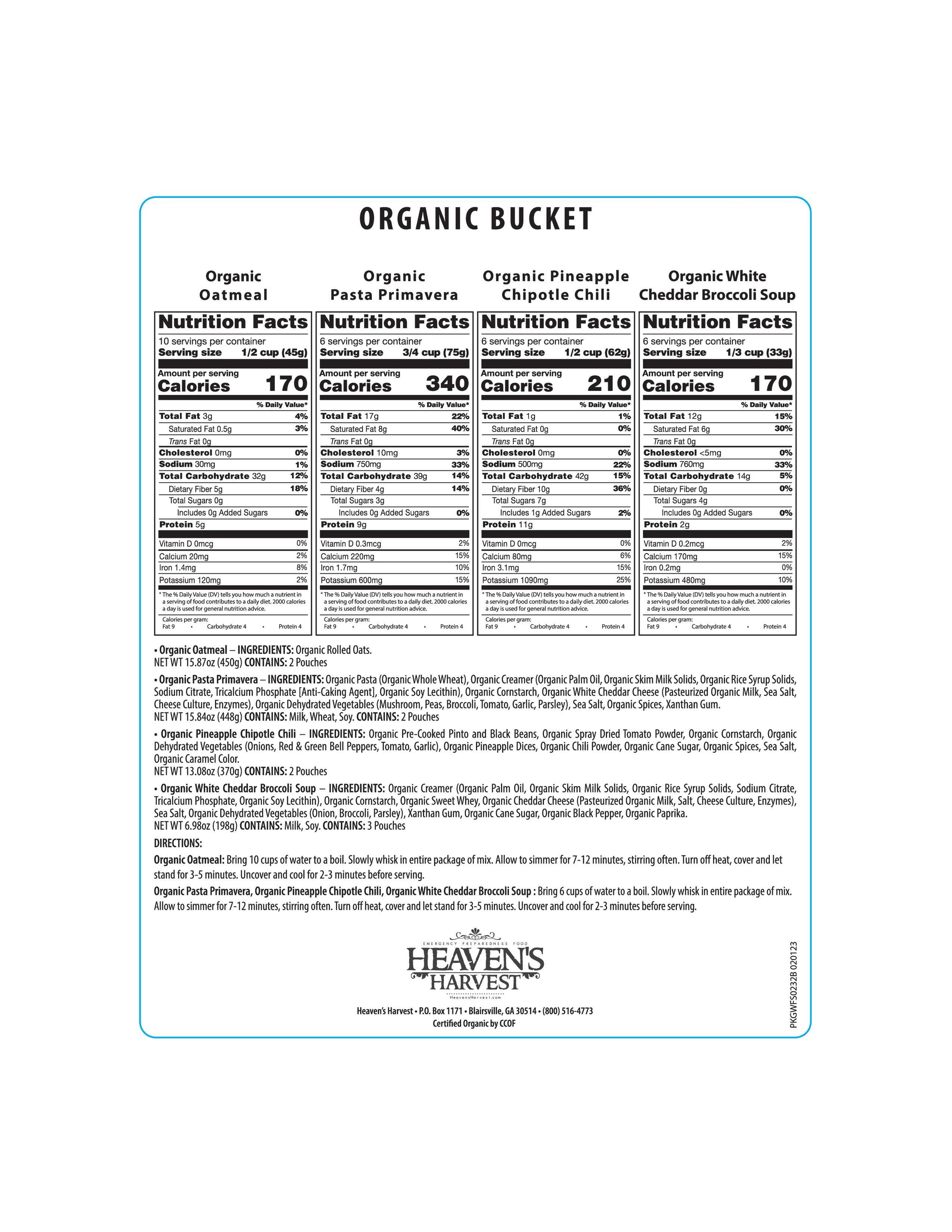 Organic Meal Bucket - 1 Person 1 Week - 62 Servings - Emergency Food ...